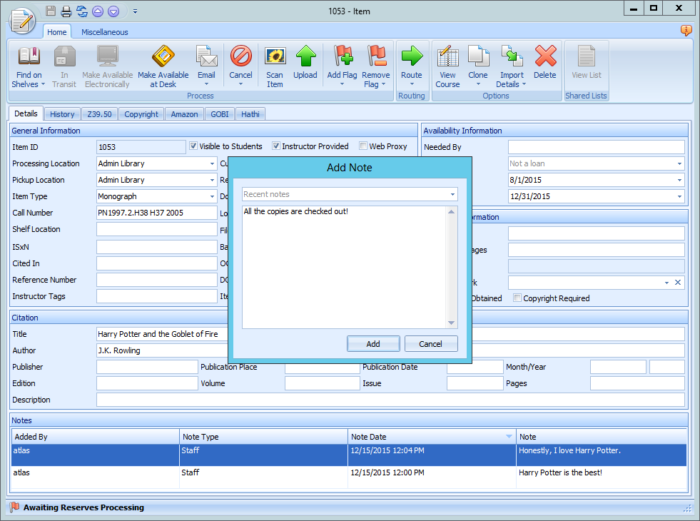 Adding Notes to Items | Atlas Systems Documentation