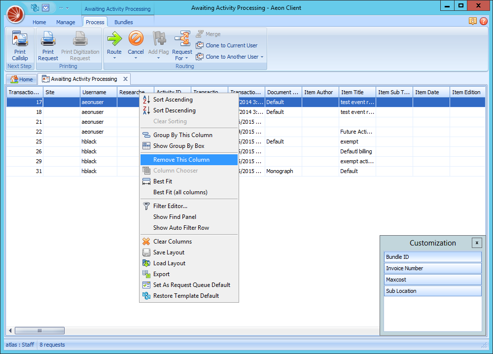 Adding and Removing Columns on the Grid | Atlas Systems Documentation