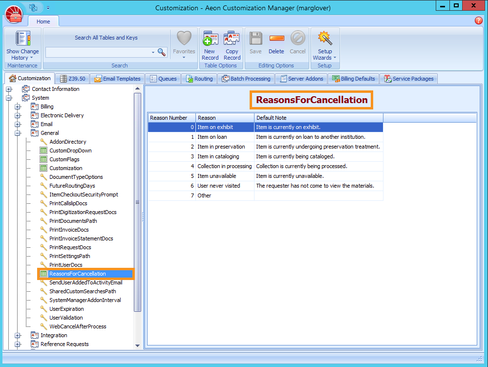 Configuring Reasons for Cancellation | Atlas Systems Documentation