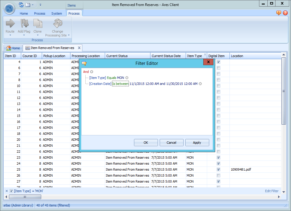 Filtering Items in a Grid | Atlas Systems Documentation