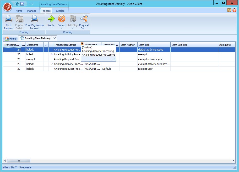 Filtering Transactions in the Grid Layout | Atlas Systems Documentation